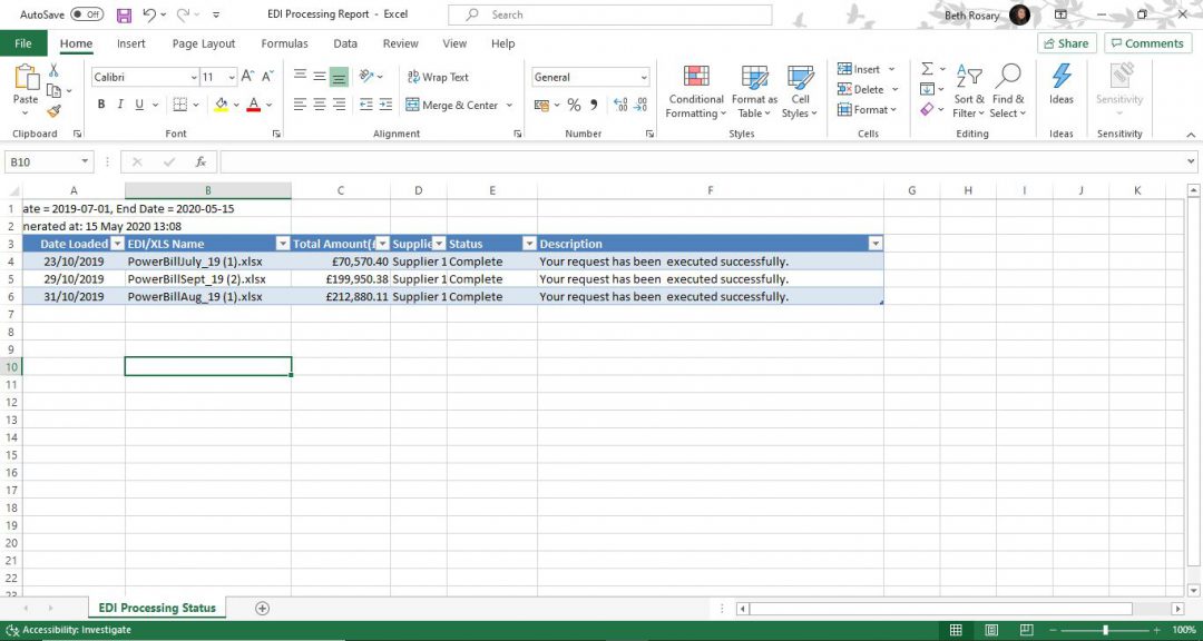 EDI processing report - Home